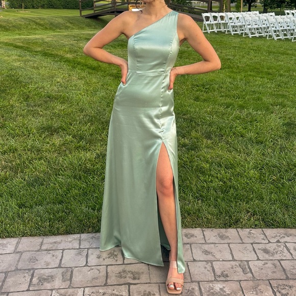Birdy Grey | Dresses | Birdy Grey Sage Green One Shoulder Slit Satin ...
